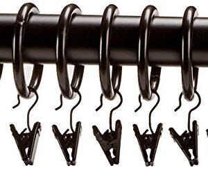 Amazon Basics 1" Curtain Rod with Cap Finials, 72" to 144" and Amazon Basics 1" Curtain Clip Ring, Set of 7, Espresso (Dark Bronze)