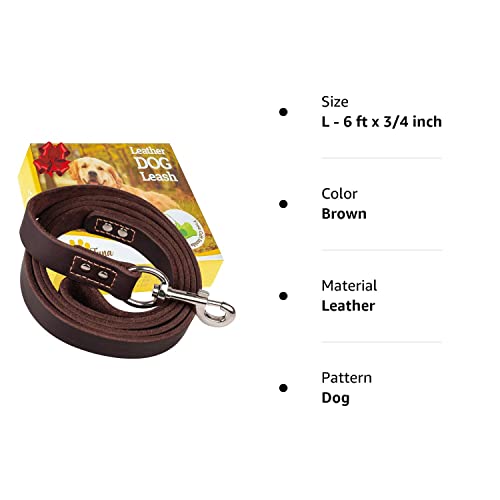 ADITYNA Leather Dog Leash 6 ft x 3/4 inch - Soft and Strong Leather Leash for Large and Medium Dog Breeds - Heavy Duty Dog Training Leash (Brown)