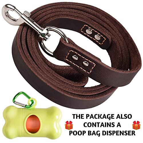 ADITYNA Leather Dog Leash 6 ft x 3/4 inch - Soft and Strong Leather Leash for Large and Medium Dog Breeds - Heavy Duty Dog Training Leash (Brown)