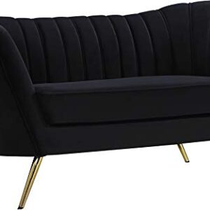 Meridian Furniture Margo Collection Modern | Contemporary Velvet Upholstered Loveseat with Deep Channel Tufting and Rich Gold Stainless Steel Legs, Black, 65" W x 30" D x 33" H