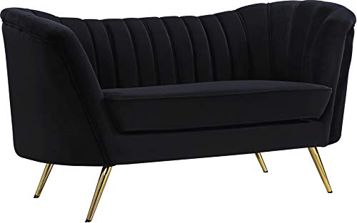 Meridian Furniture Margo Collection Modern | Contemporary Velvet Upholstered Loveseat with Deep Channel Tufting and Rich Gold Stainless Steel Legs, Black, 65" W x 30" D x 33" H