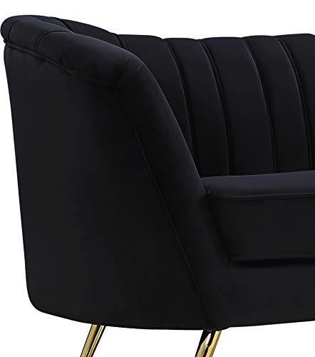 Meridian Furniture Margo Collection Modern | Contemporary Velvet Upholstered Loveseat with Deep Channel Tufting and Rich Gold Stainless Steel Legs, Black, 65" W x 30" D x 33" H