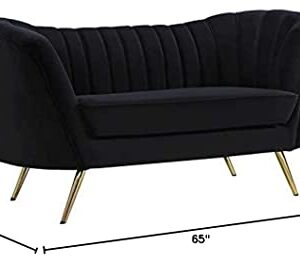 Meridian Furniture Margo Collection Modern | Contemporary Velvet Upholstered Loveseat with Deep Channel Tufting and Rich Gold Stainless Steel Legs, Black, 65" W x 30" D x 33" H