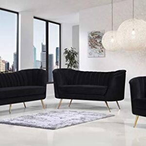 Meridian Furniture Margo Collection Modern | Contemporary Velvet Upholstered Loveseat with Deep Channel Tufting and Rich Gold Stainless Steel Legs, Black, 65" W x 30" D x 33" H