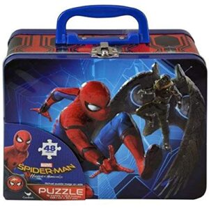 spiderman homecoming 48pc puzzle inside lunch tin box, 7.5" x 6" x 3", red, blue & multi