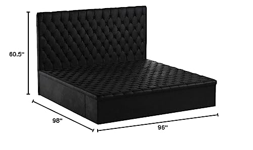 Meridian Furniture Bliss Collection Modern | Contemporary Velvet Upholstered Bed with Deep Button Tufting and Storage Compartments in Rails and Footboard, Black, King