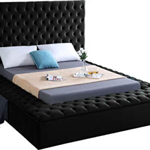 Meridian Furniture Bliss Collection Modern | Contemporary Velvet Upholstered Bed with Deep Button Tufting and Storage Compartments in Rails and Footboard, Black, King