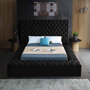 Meridian Furniture Bliss Collection Modern | Contemporary Velvet Upholstered Bed with Deep Button Tufting and Storage Compartments in Rails and Footboard, Black, King