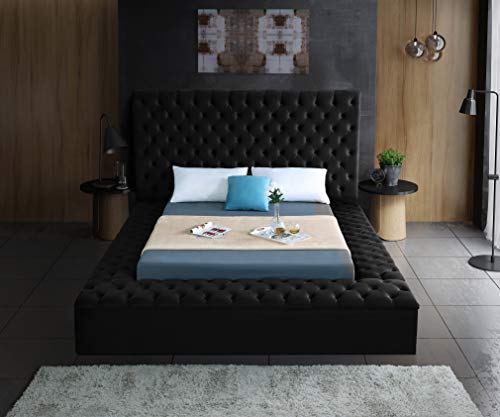 Meridian Furniture Bliss Collection Modern | Contemporary Velvet Upholstered Bed with Deep Button Tufting and Storage Compartments in Rails and Footboard, Black, King