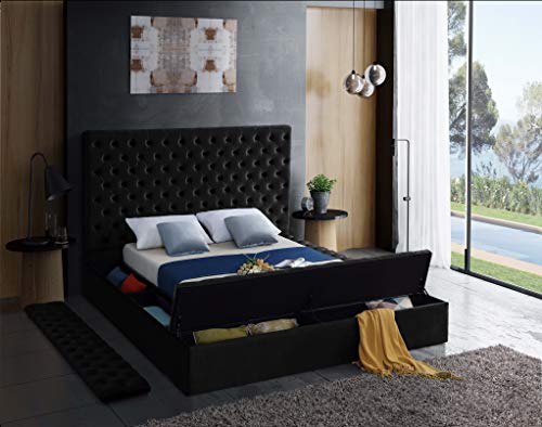 Meridian Furniture Bliss Collection Modern | Contemporary Velvet Upholstered Bed with Deep Button Tufting and Storage Compartments in Rails and Footboard, Black, King