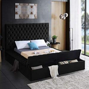 Meridian Furniture Bliss Collection Modern | Contemporary Velvet Upholstered Bed with Deep Button Tufting and Storage Compartments in Rails and Footboard, Black, King