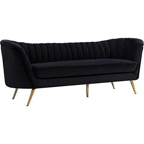 Meridian Furniture Margo Collection Modern | Contemporary Velvet Upholstered Sofa with Deep Channel Tufting and Rich Gold Stainless Steel Legs, Black, 88" W x 30" D x 33" H