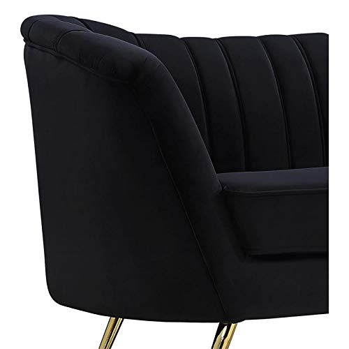 Meridian Furniture Margo Collection Modern | Contemporary Velvet Upholstered Sofa with Deep Channel Tufting and Rich Gold Stainless Steel Legs, Black, 88" W x 30" D x 33" H