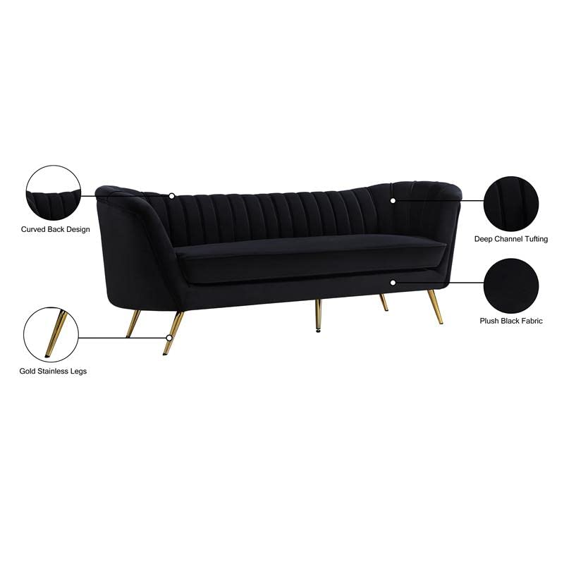 Meridian Furniture Margo Collection Modern | Contemporary Velvet Upholstered Sofa with Deep Channel Tufting and Rich Gold Stainless Steel Legs, Black, 88" W x 30" D x 33" H