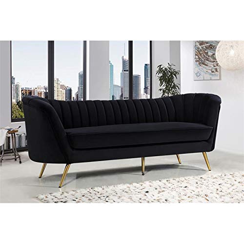 Meridian Furniture Margo Collection Modern | Contemporary Velvet Upholstered Sofa with Deep Channel Tufting and Rich Gold Stainless Steel Legs, Black, 88" W x 30" D x 33" H