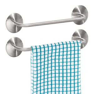 mdesign decorative metal small towel bar - strong self adhesive - storage and display rack for hand, dish, and tea towels - stick to wall, cabinet, door, mirror in kitchen, bathroom - 2 pack - brushed