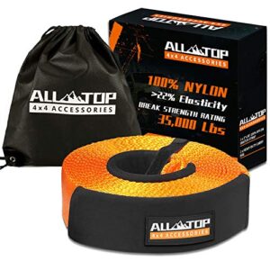 all-top 100% nylon recovery snatch strap, 3in x 30ft, heavy duty kinetic tow strap (35000 lbs) with 22% elongation - triple reinforced loop adjustable protector sleeve