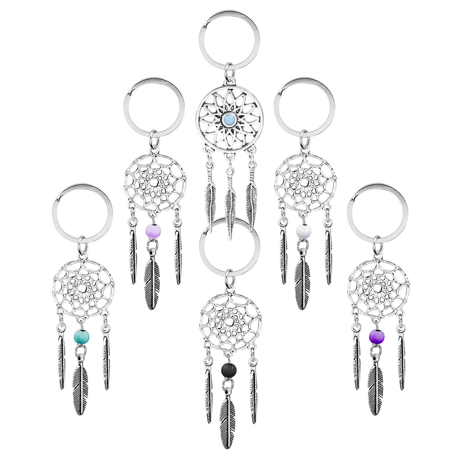 Moon Dream Catcher Kit for Adults - 6Pcs Cute Macrame Dream Catcher Keychain Silver for Bag Home Car Dream Catcher Supplies - Large Dream Catcher Metal Rings - Mini Dream Catcher with Peacock Feathers