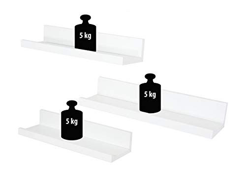 BD ART Wall Mounted Ledges - Set of Three 14 Inch White Wooden Floating Shelves, Perfect for Display Picture Frames, Books in Living Room, Bedroom, Kitchen, Nursery Room