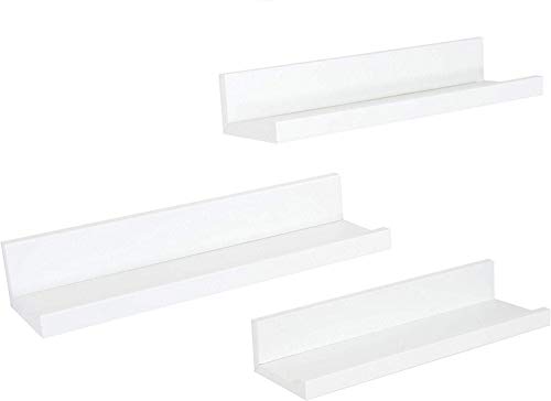 BD ART Wall Mounted Ledges - Set of Three 14 Inch White Wooden Floating Shelves, Perfect for Display Picture Frames, Books in Living Room, Bedroom, Kitchen, Nursery Room