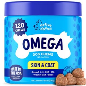 omega 3 fish oil for dogs soft chews 120 ct - omega 3 for dogs with biotin & vitamin e for shiny coat - dog skin and coat supplement for itchy, dry skin - shedding omega 3 6 9 oil for dog