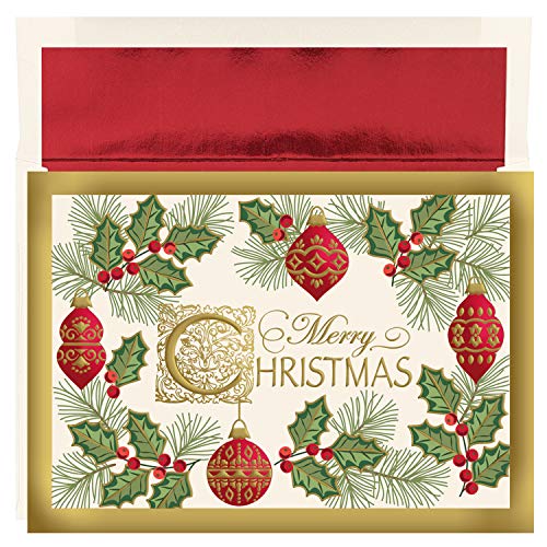 Masterpiece Studios Holiday Collection Premium 15-Count Boxed Embossed Christmas Cards with Foil-Lined Envelopes, 7.8" x 5.6", Antique Christmas (898700)