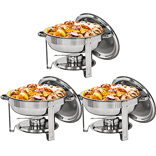 ZENY Pack of 3 Round Chafing Dish Full Size 5 Quart Stainless Steel Deep Pans Chafer Dish Set Buffet Catering Party Events Warmer Serving Set Utensils w/Fuel Holder