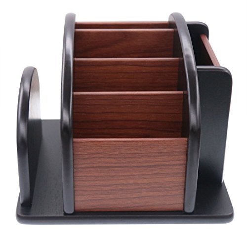 Coideal Wooden Large Spinning Remote Controls Holder Caddy for Table, Rotating Office Supplies Desk Storage Organizer Revolving Wood Pen Pencil Holder (6 Compartments, Brown & Black)