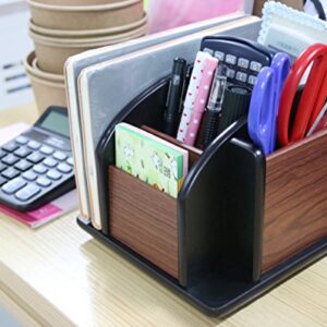 Coideal Wooden Large Spinning Remote Controls Holder Caddy for Table, Rotating Office Supplies Desk Storage Organizer Revolving Wood Pen Pencil Holder (6 Compartments, Brown & Black)