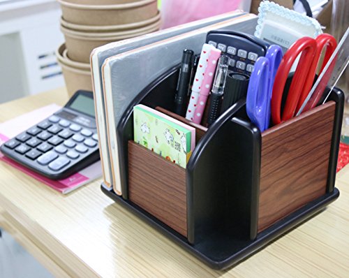 Coideal Wooden Large Spinning Remote Controls Holder Caddy for Table, Rotating Office Supplies Desk Storage Organizer Revolving Wood Pen Pencil Holder (6 Compartments, Brown & Black)