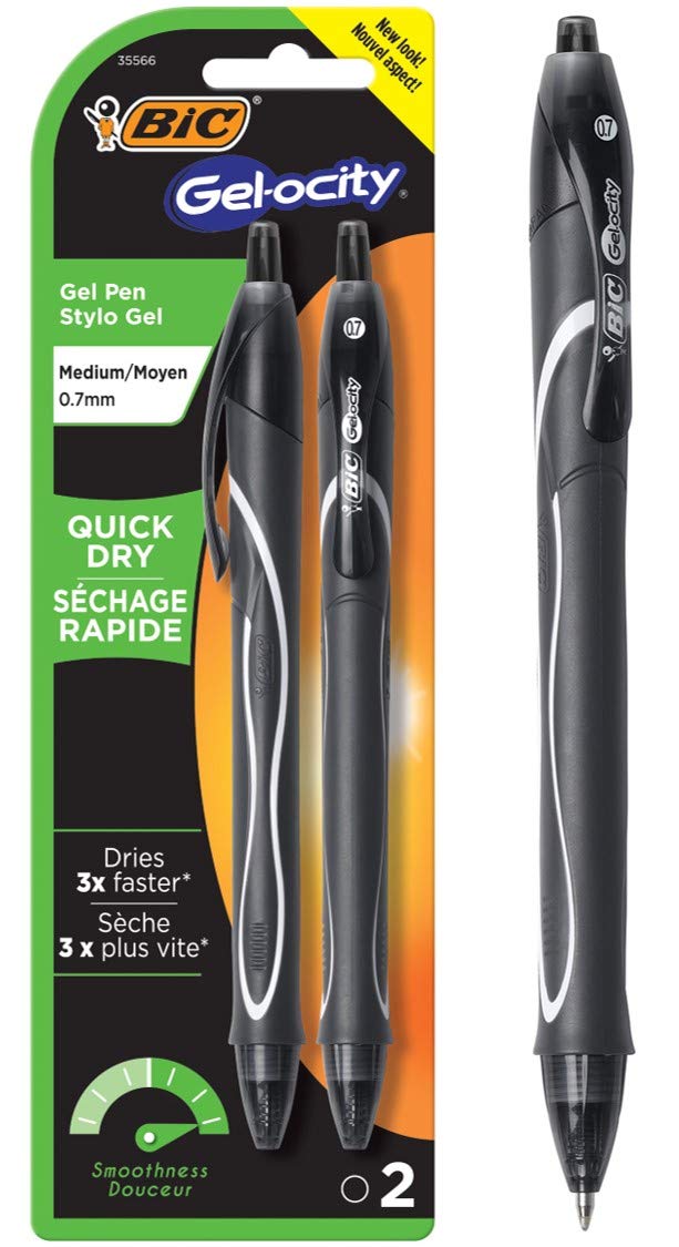 Bic RGLCGP21-BLK Gel-ocity Retractable Quick Dry Gel Pen44; Black - Pack of 2