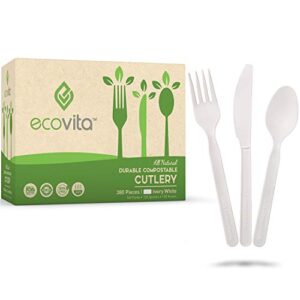 100% compostable forks spoons knives cutlery combo set - 380 large disposable utensils (7 in.) eco friendly durable and heat resistant alternative to plastic silverware with convenient tray by ecovita