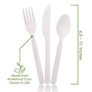 100% Compostable Forks Spoons Knives Cutlery Combo Set - 380 Large Disposable Utensils (7 in.) Eco Friendly Durable and Heat Resistant Alternative to Plastic Silverware with Convenient Tray by Ecovita