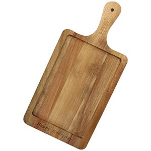 acacia wood paddle serving board happy everyday engraved, 15 x 7.1 in small kitchen wooden cutting board with handle, slicing board for cooked food, bread serving board by htb