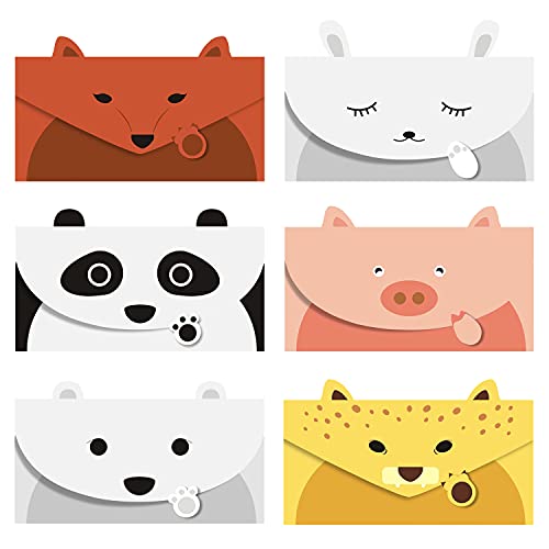 JINSRAY Cute Lovely Animal Cartoon Letter Writing Stationery Paper, Greeting Card, Thank You Card, 12pcs with Envelopes and Animal Stickers，Size 6.3" X 8.3" Paper, – Panda Bear Fox Leopard Pig Rabbit