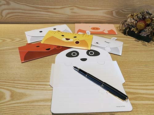 JINSRAY Cute Lovely Animal Cartoon Letter Writing Stationery Paper, Greeting Card, Thank You Card, 12pcs with Envelopes and Animal Stickers，Size 6.3" X 8.3" Paper, – Panda Bear Fox Leopard Pig Rabbit