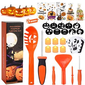 pumpkin carving kit for kids, 6 easy halloween pumpkin carving tools set, 6 led candles, 10 carving stencils & 20 halloween cellophane candy bags