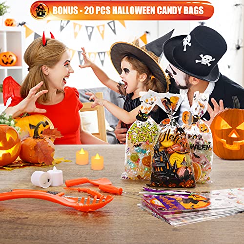 Pumpkin Carving Kit for Kids, 6 Easy Halloween Pumpkin Carving Tools Set, 6 LED Candles, 10 Carving Stencils & 20 Halloween Cellophane Candy Bags