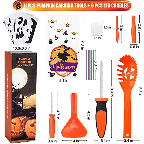 Pumpkin Carving Kit for Kids, 6 Easy Halloween Pumpkin Carving Tools Set, 6 LED Candles, 10 Carving Stencils & 20 Halloween Cellophane Candy Bags