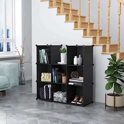 C&AHOME Cube Storage, 9-Cube Bookshelf, Plastic Closet Cabinet Organizer, DIY Stackable Bookcase, Modular Shelving Units Ideal for Home, Office, Kids Room, 36.6" L x 12.4" W x 48.4" H Black SHS3009A