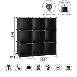 C&AHOME Cube Storage, 9-Cube Bookshelf, Plastic Closet Cabinet Organizer, DIY Stackable Bookcase, Modular Shelving Units Ideal for Home, Office, Kids Room, 36.6" L x 12.4" W x 48.4" H Black SHS3009A