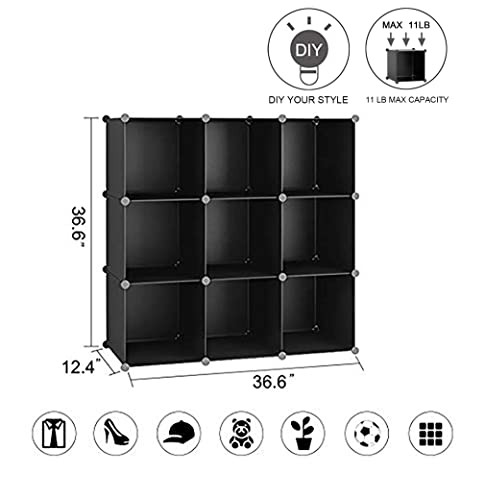 C&AHOME Cube Storage, 9-Cube Bookshelf, Plastic Closet Cabinet Organizer, DIY Stackable Bookcase, Modular Shelving Units Ideal for Home, Office, Kids Room, 36.6" L x 12.4" W x 48.4" H Black SHS3009A