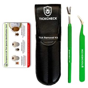 tickcheck premium tick remover kit - stainless steel tick remover + tweezers, leather case, and free pocket tick identification card (1 set)