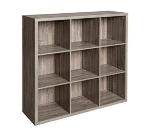 closetmaid 9 cube storage shelf organizer bookshelf with back panel, easy assembly, wood, weathered gray