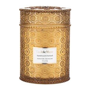 la jolie muse sandalwood candles, wood wick candle, sandalwood & patchouli candle, natural soy candle, large candle for home scented, gift candle for women & men