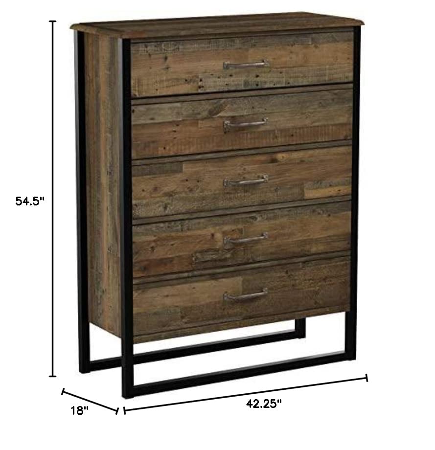 Signature Design by Ashley Sommerford Industrial Farmhouse 5 Drawer Chest with Dovetail Construction, Butcher-Block Brown, Black