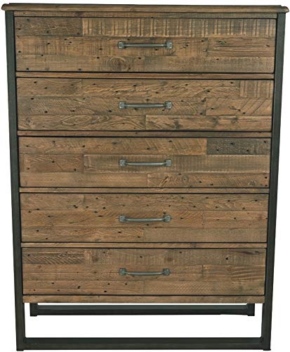 Signature Design by Ashley Sommerford Industrial Farmhouse 5 Drawer Chest with Dovetail Construction, Butcher-Block Brown, Black