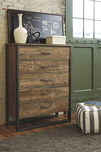 Signature Design by Ashley Sommerford Industrial Farmhouse 5 Drawer Chest with Dovetail Construction, Butcher-Block Brown, Black