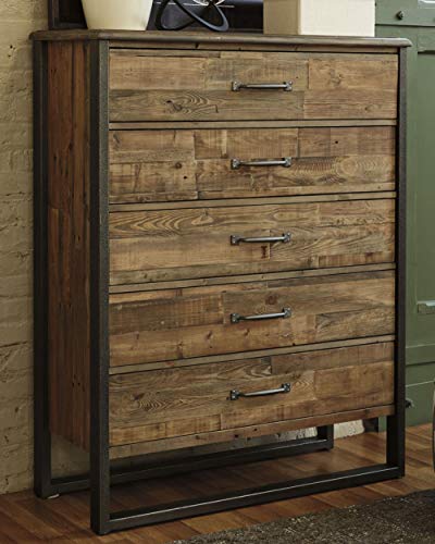 Signature Design by Ashley Sommerford Industrial Farmhouse 5 Drawer Chest with Dovetail Construction, Butcher-Block Brown, Black