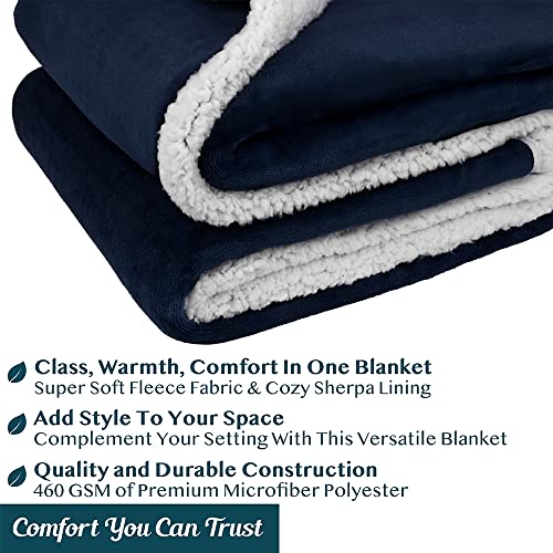 PAVILIA Plush Sherpa Fleece Throw Blanket Navy | Soft, Warm, Fuzzy Dark Blue Throw for Couch Sofa | Solid Reversible Cozy Microfiber Fluffy Blanket, 50x60